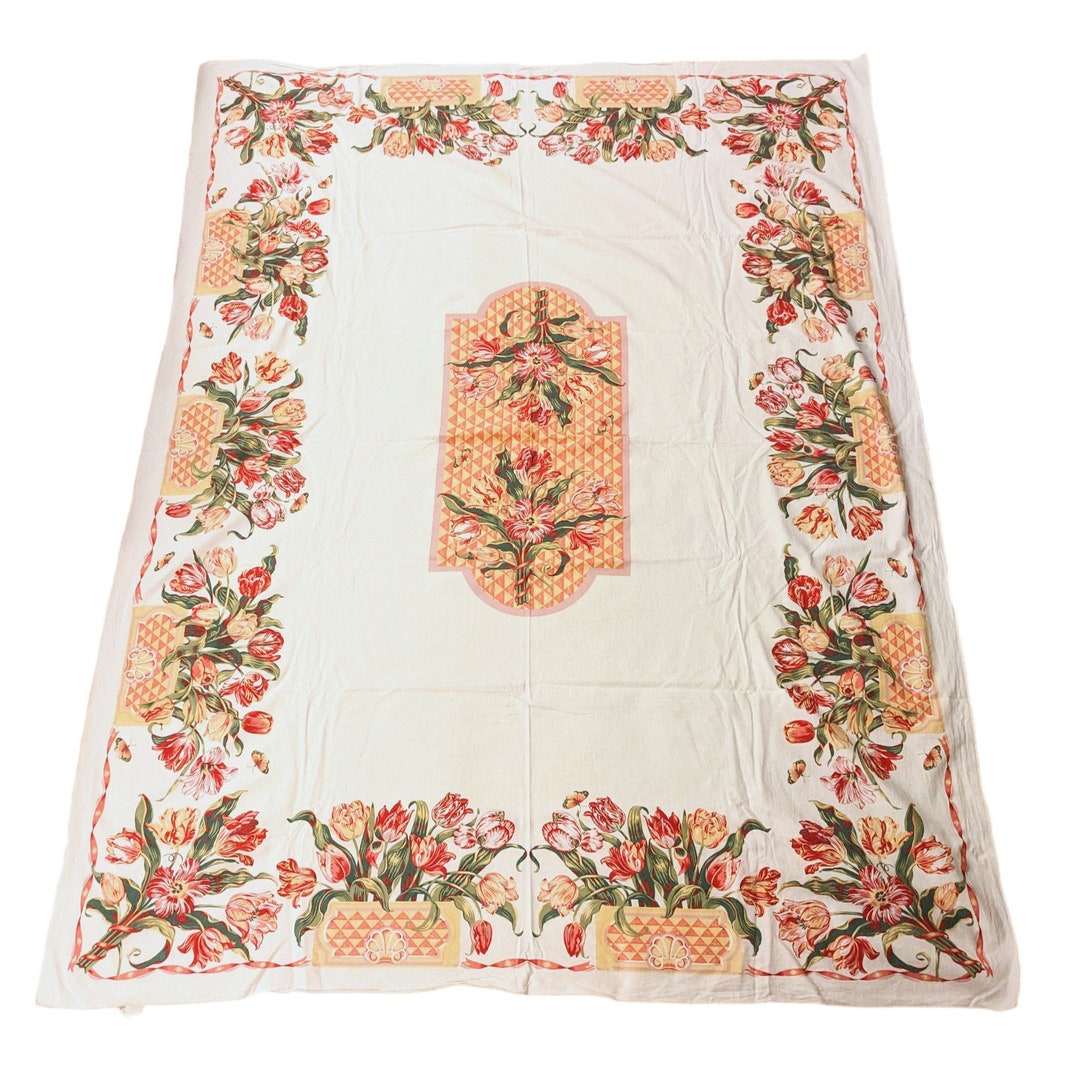 Vintage Cotton Fabric Tablecloth With Printed Design Featuring Flowers ...