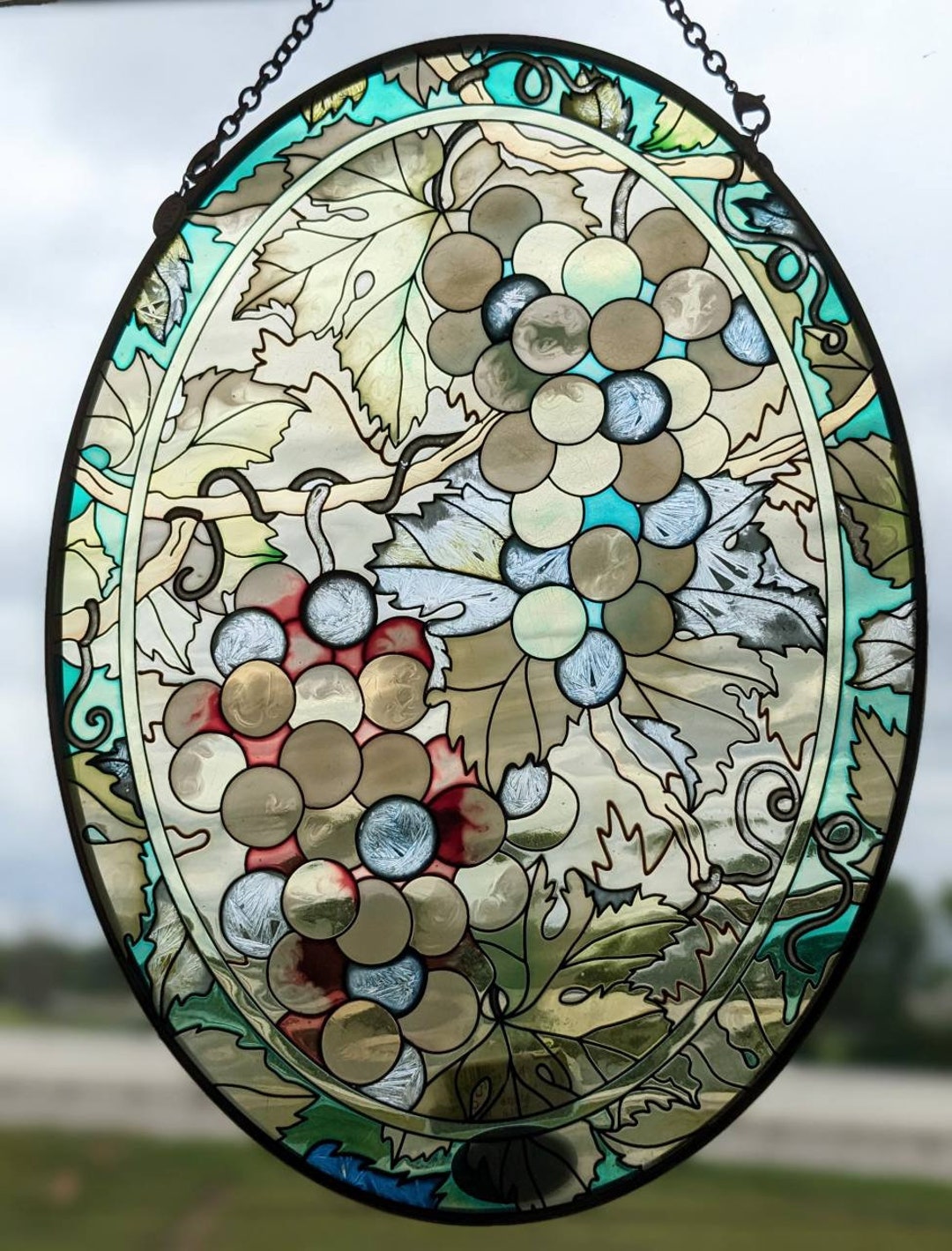 Vintage Painted Glass Suncatcher With Grapes and Green Leaves, Oval ...