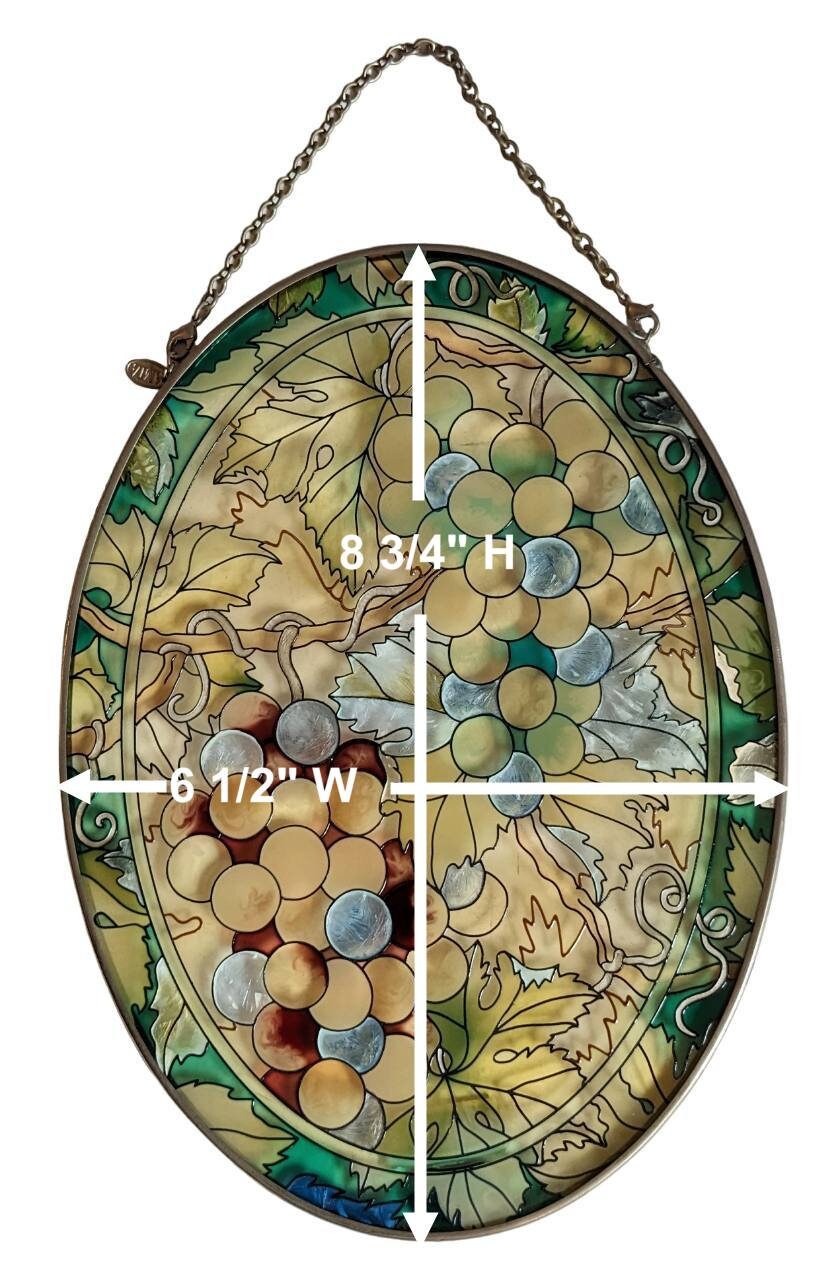 Vintage Painted Glass Suncatcher With Grapes and Green Leaves, Oval ...