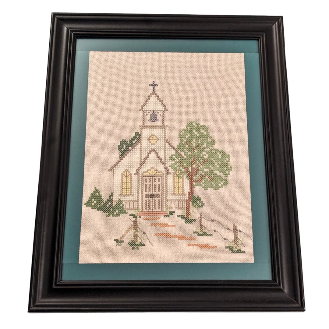 Vintage 1980s Framed Completed Country Church Cross Stitch, Finished ...