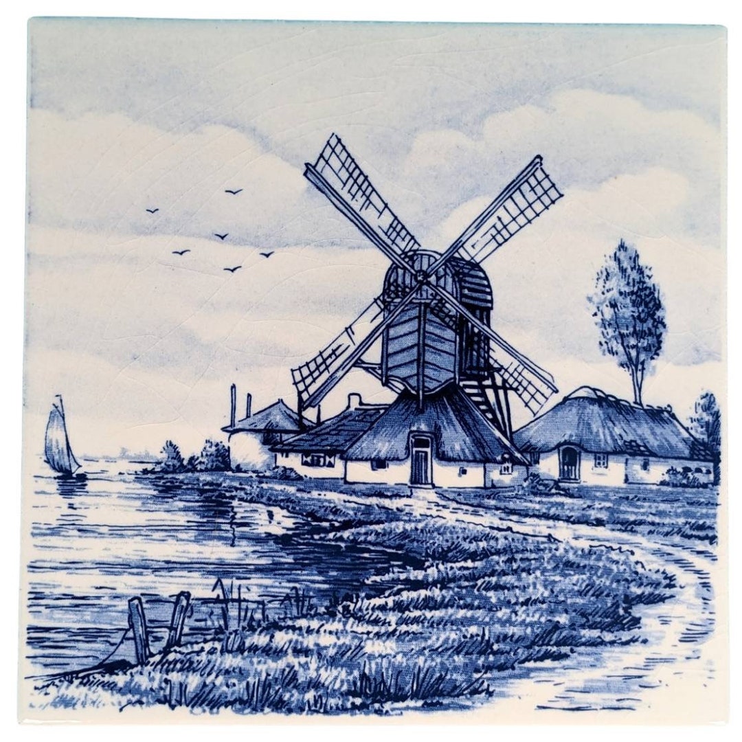 Vintage 1970s Delf Blue Holland Decorative Tile With Design Featuring a ...