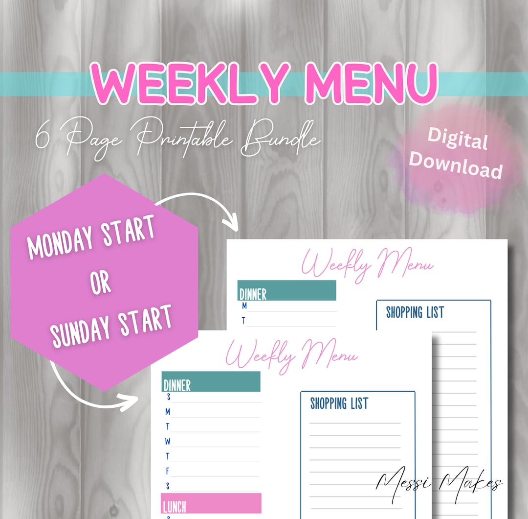 Simple Weekly Menu Planning Instant Download Printable, Weekly Menu and ...