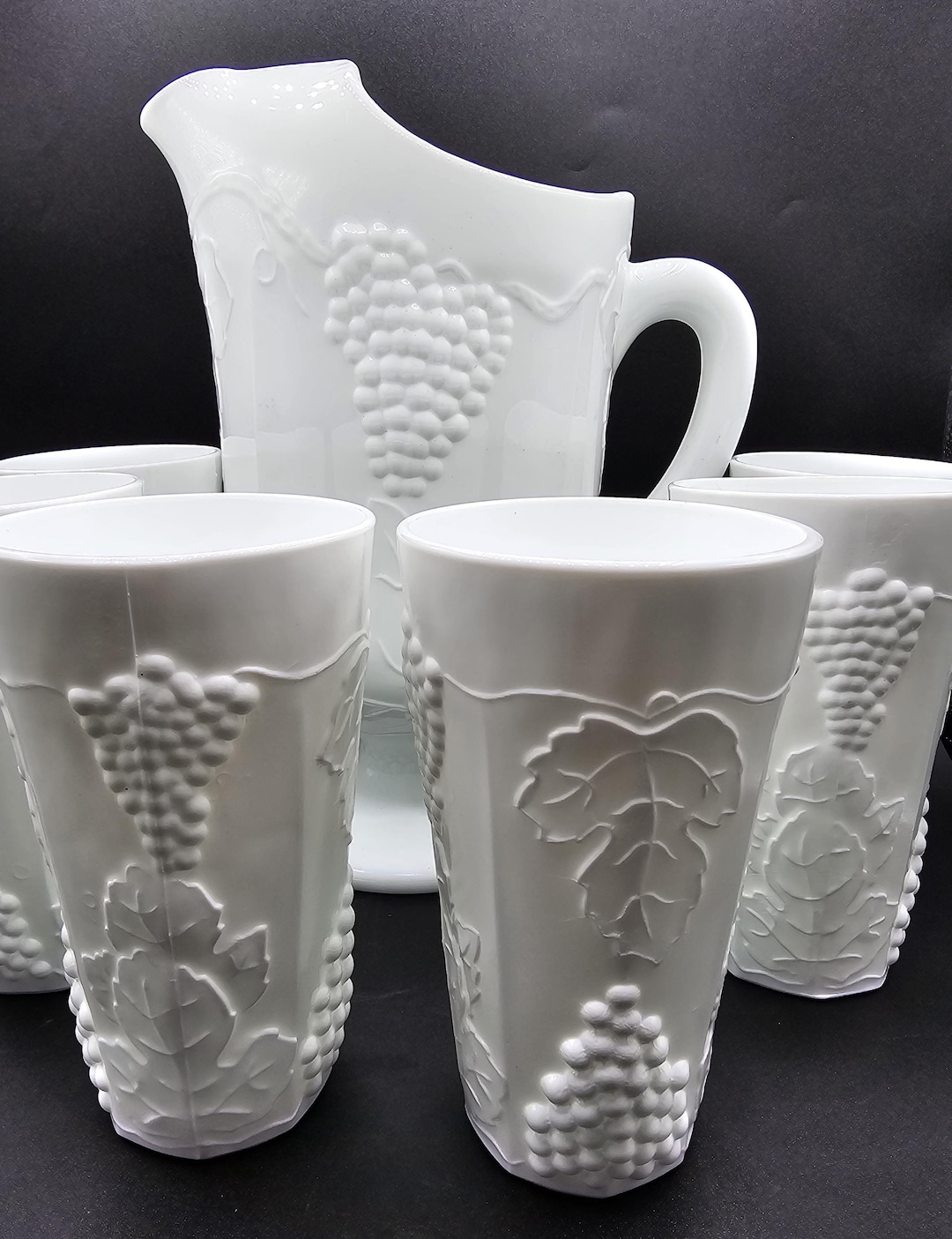 Vintage Milk Glass Pitcher With 6 Matching Tumblers Grapevine Pattern ...