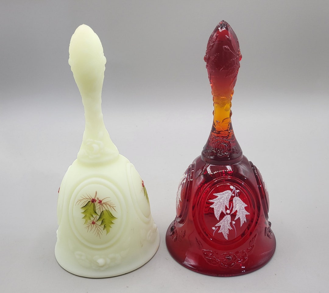 Vintage Set of 2 Hand Painted FENTON Ruby Red Amberina and Green Satin ...
