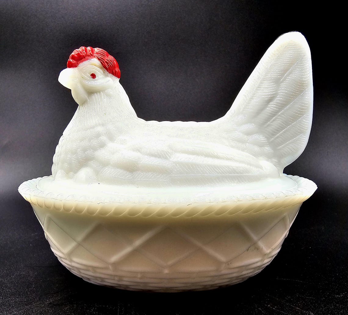 Vintage Westmoreland White Milk Glass Chicken Hen on Nest Covered Dish ...