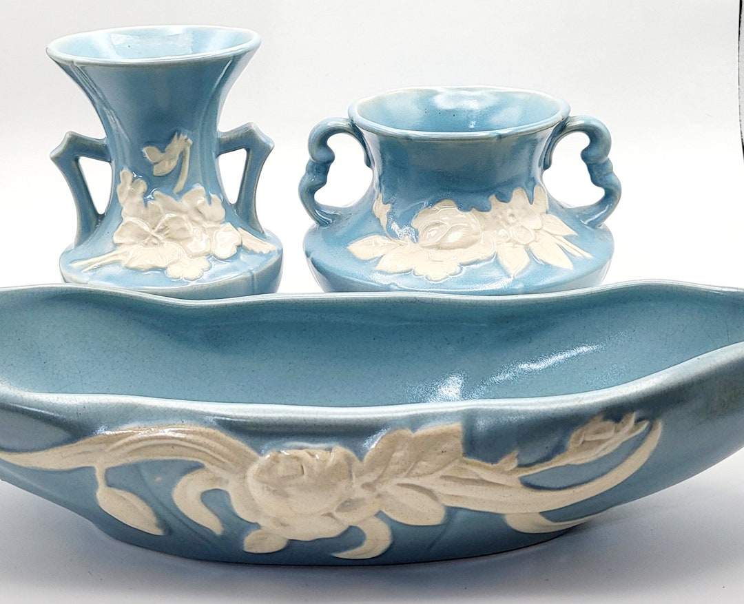 Vintage Weller Pottery 3 Piece Blue Cameo Rose Vase Set - Etsy