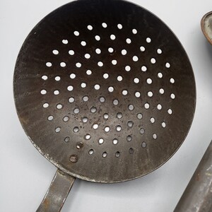 Antique Primitive Long Handled Straining Skimmer and Metal Tin Water ...