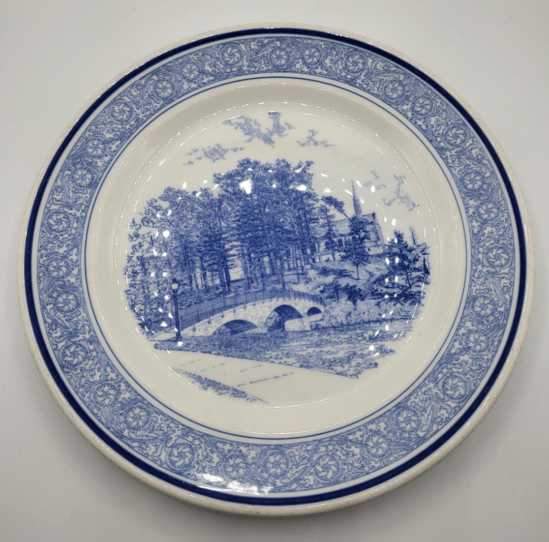 Vintage SHENANGO CHINA Blue and White Church Scene With Rounded Bridge ...