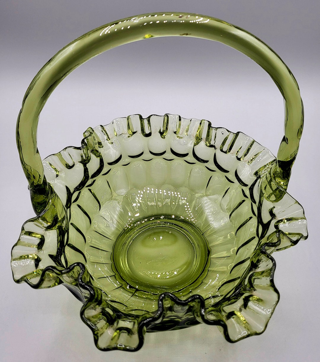 Vintage Fenton Thumbprint Ruffled Edge Colonial Green Handled Basket - Etsy