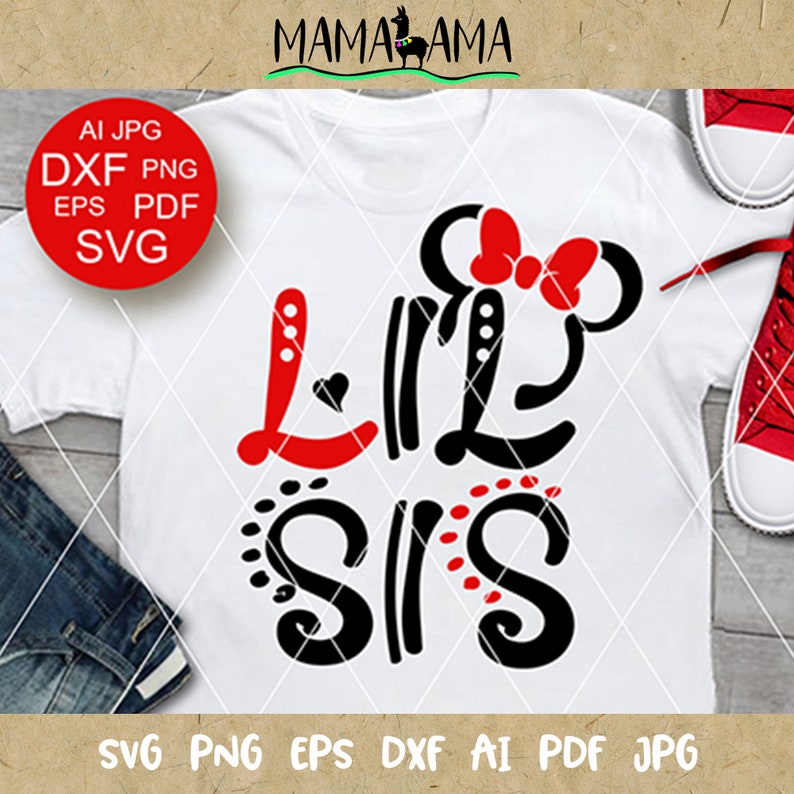 Lil Sis Svg File Mouse Ears Red Bow Clipart Little Sister Shirt Design ...