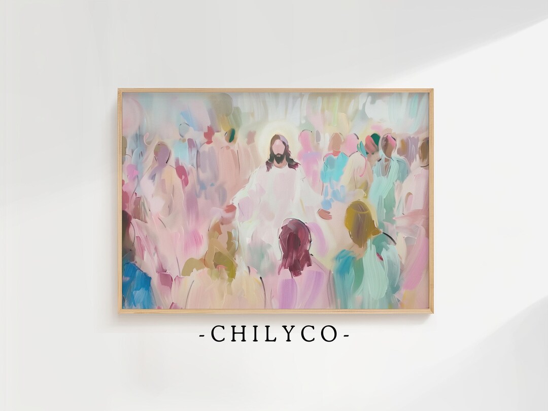 Pastel Jesus Preaching Oil Painting | Vintage Bright Christian Art ...