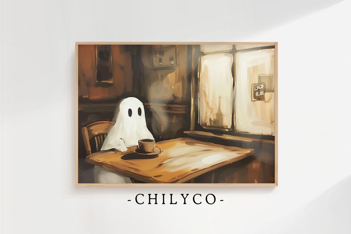 Ghost in Coffee Shop | Funny Ghost Painting | Printable Coffee Bar Art ...