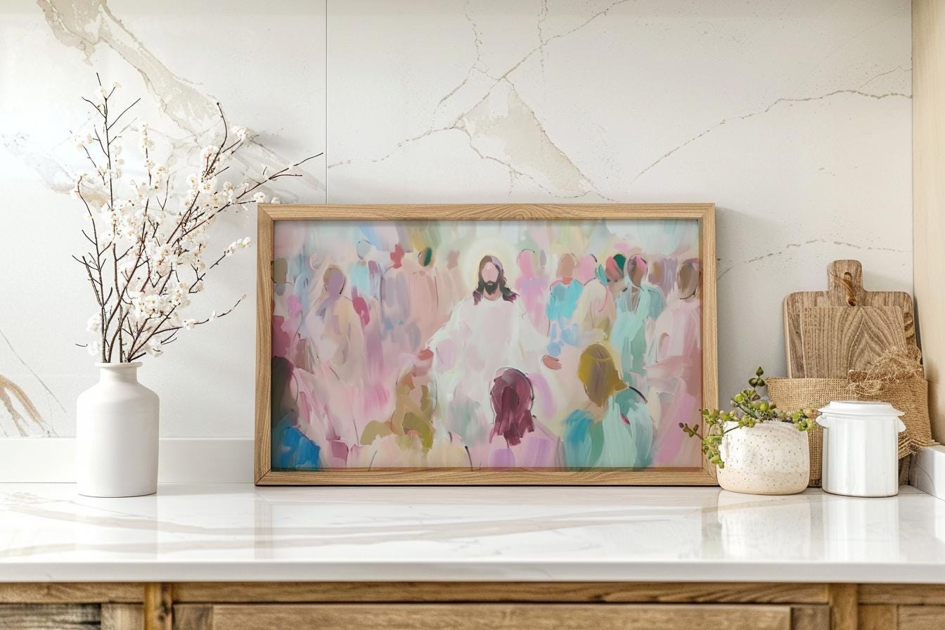 Pastel Jesus Preaching Oil Painting | Vintage Bright Christian Art ...
