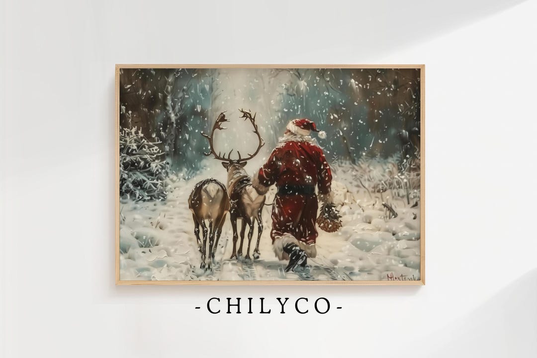 Santa With Reindeer Art Print | Winter Snowfall Art | Snowy Forest Art ...