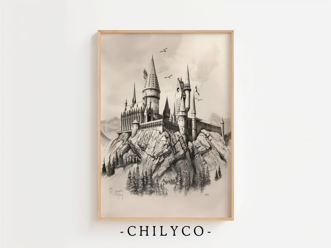 Magic School Castle Sketch | Fantasy Wall Art | Vintage Book ...