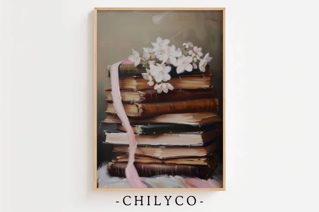 Floral Stack of Books Printable Art | Library Artwork | Book Art ...