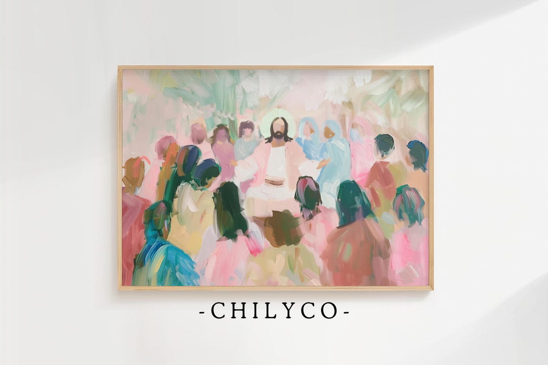 Pastel Jesus Preaching Oil Painting | Vintage Bright Christian Art ...