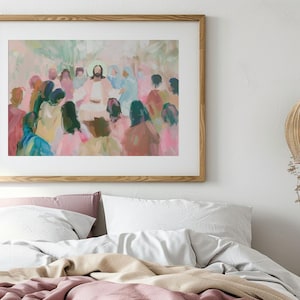 Pastel Jesus Preaching Oil Painting | Vintage Bright Christian Art ...
