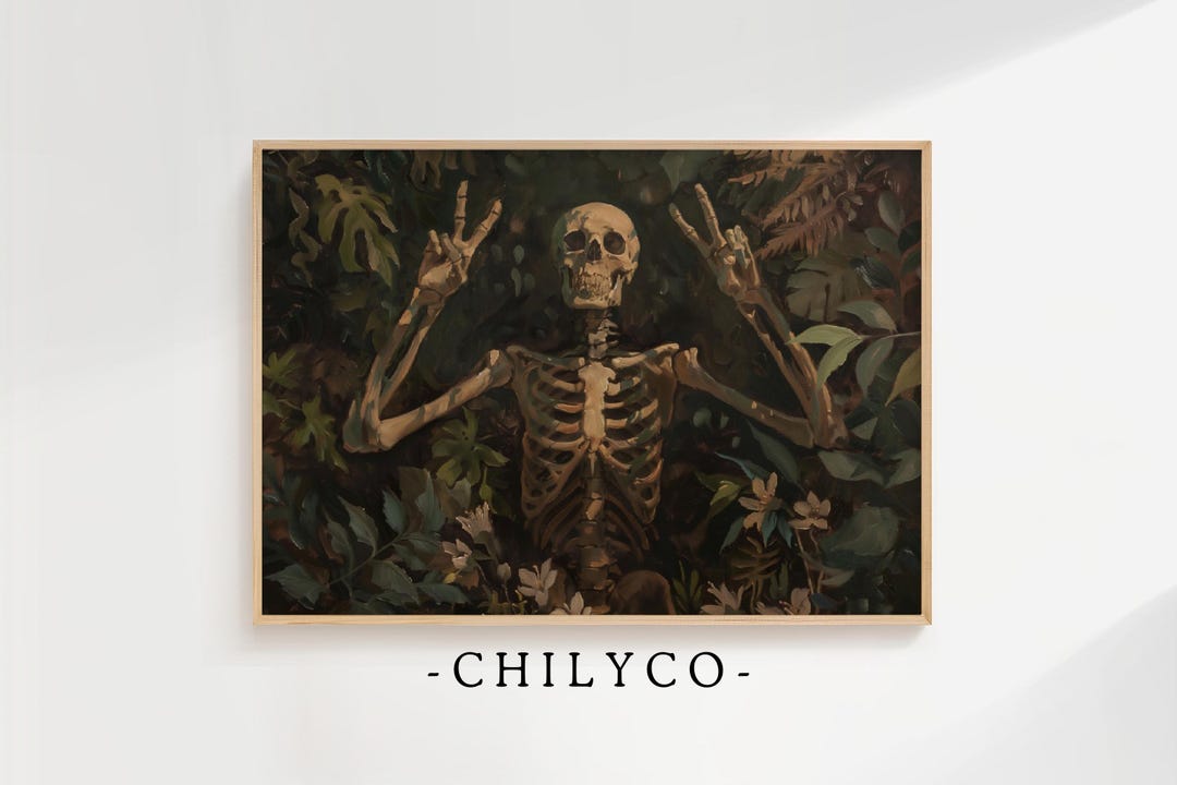 Floral Skeleton Oil Painting | Forest Skeleton | Skeleton Peace Sign ...