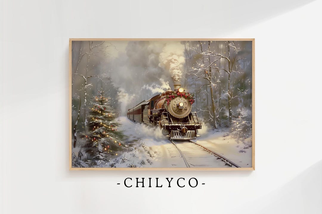 Vintage Christmas Train Oil Painting | Snowy Forest Train Track ...