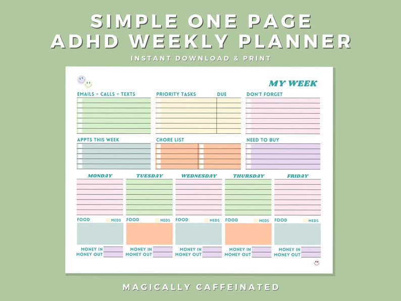 ADHD Weekly Planner Neurospicy One Page Planner & Brain Dump Reminder ...