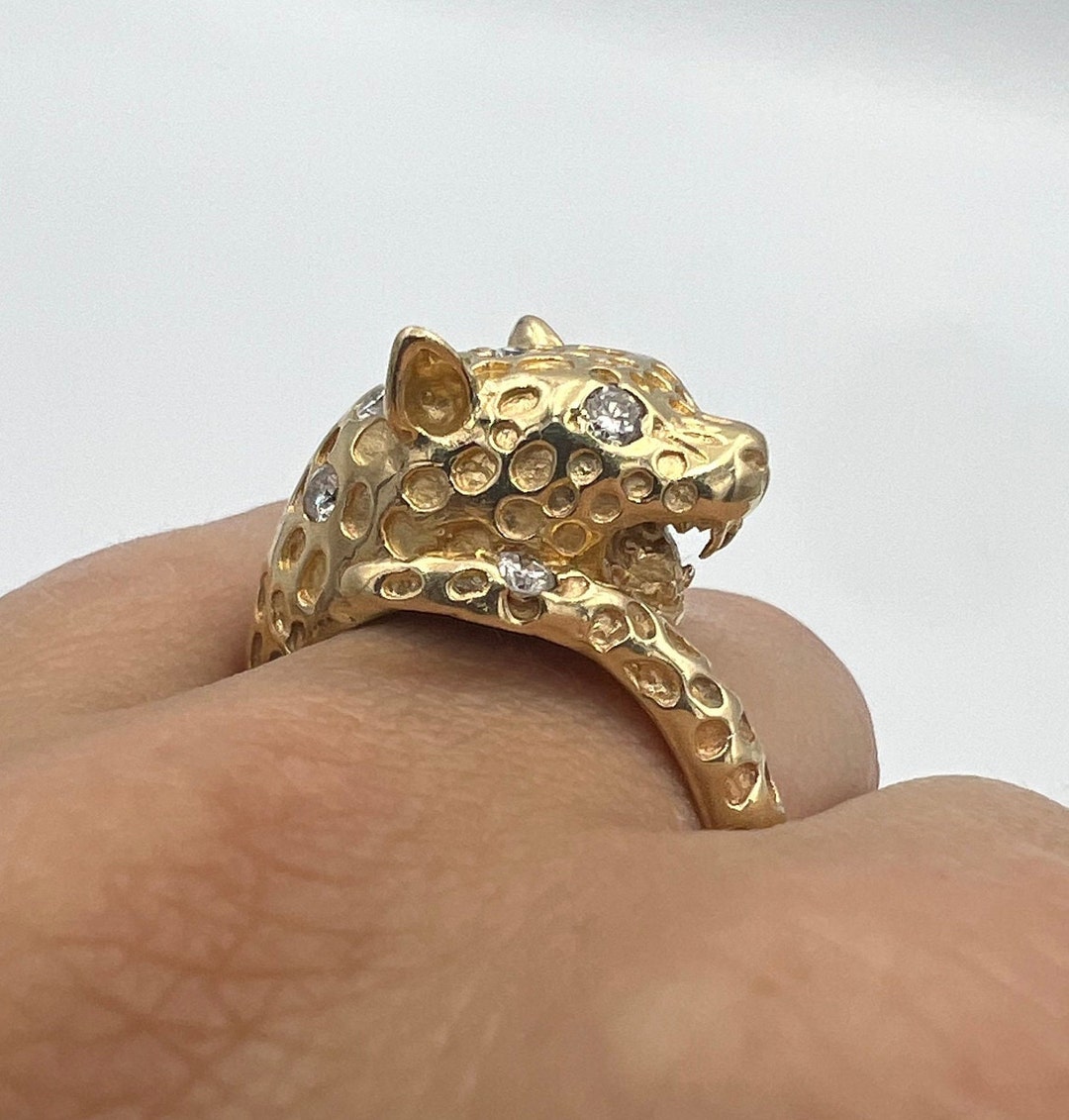14k Yellow Gold & Diamond Cheetah Head Ring, Size 7.75 - Etsy