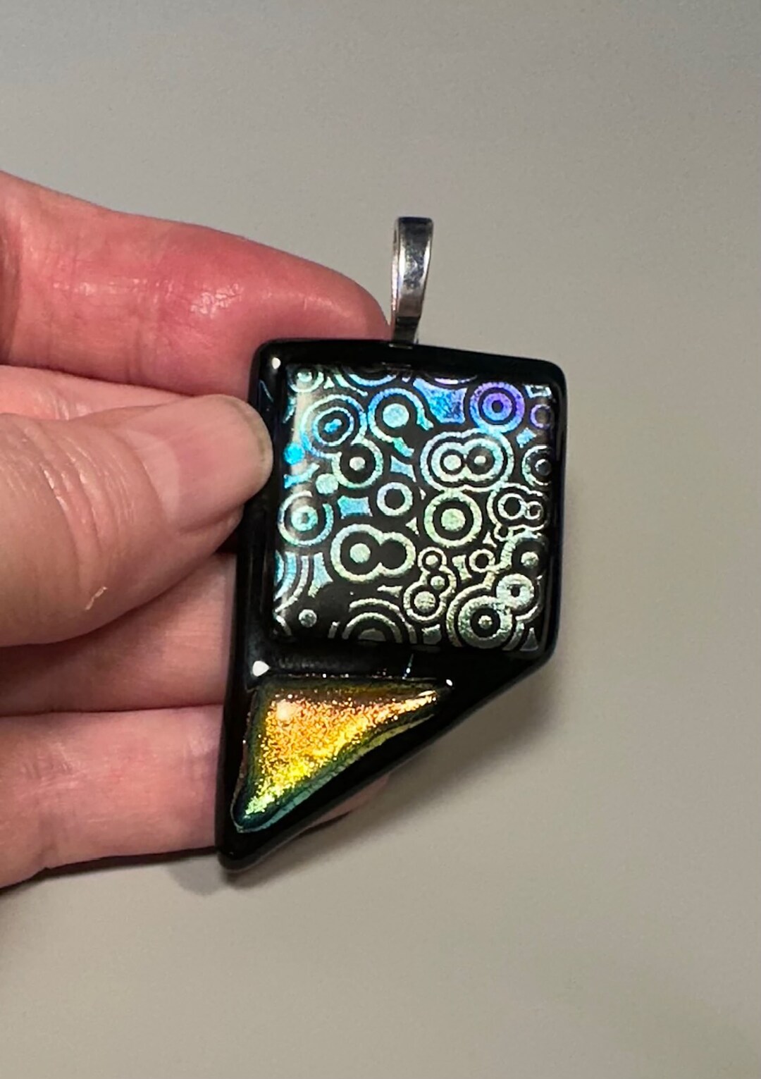 Dichroic Fused Glass Pendant on Purple and Gold Triangle - Etsy