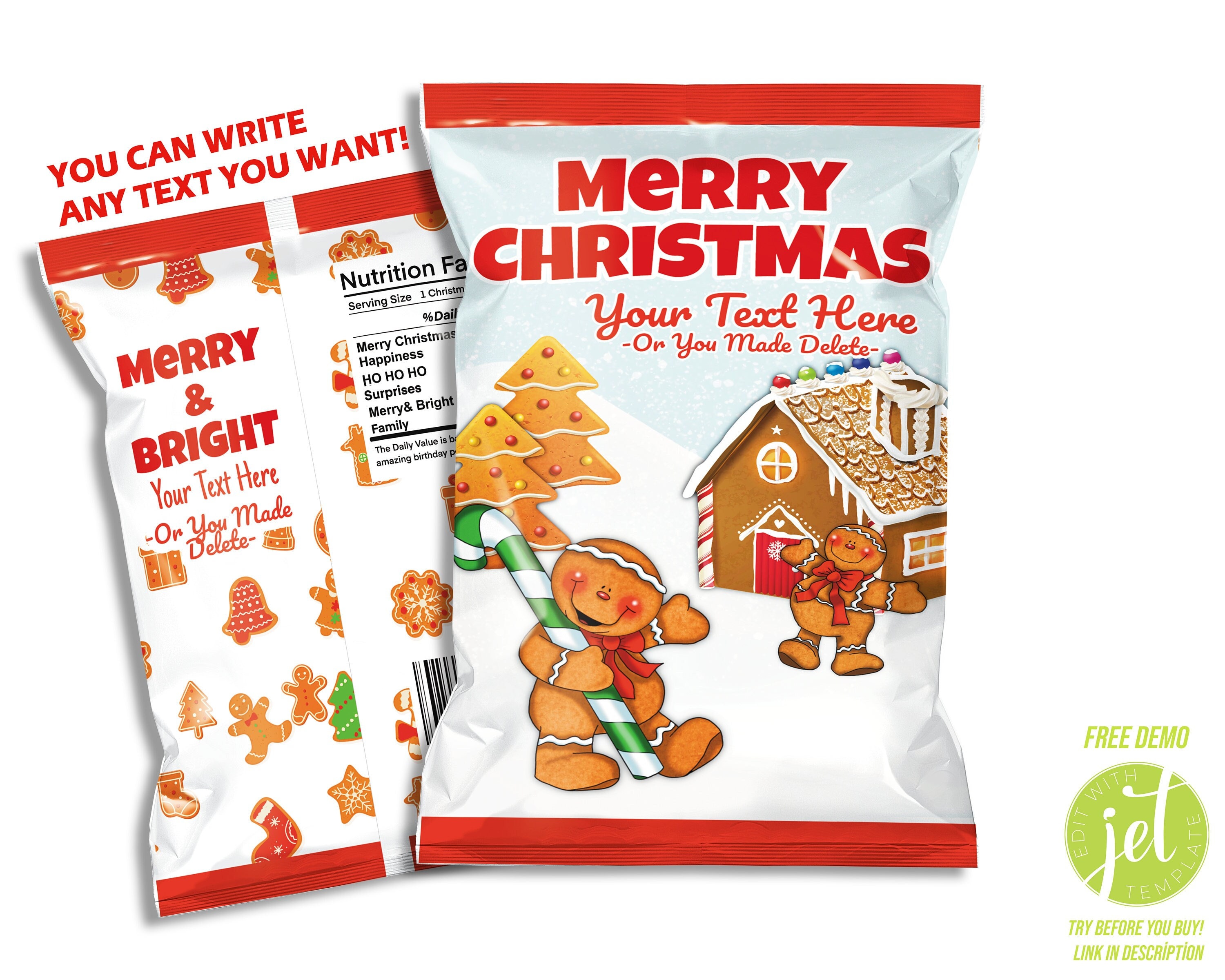Editable Christmas Favor Bag, XMAS Chip Bag Wrapper, Gingerbread ...