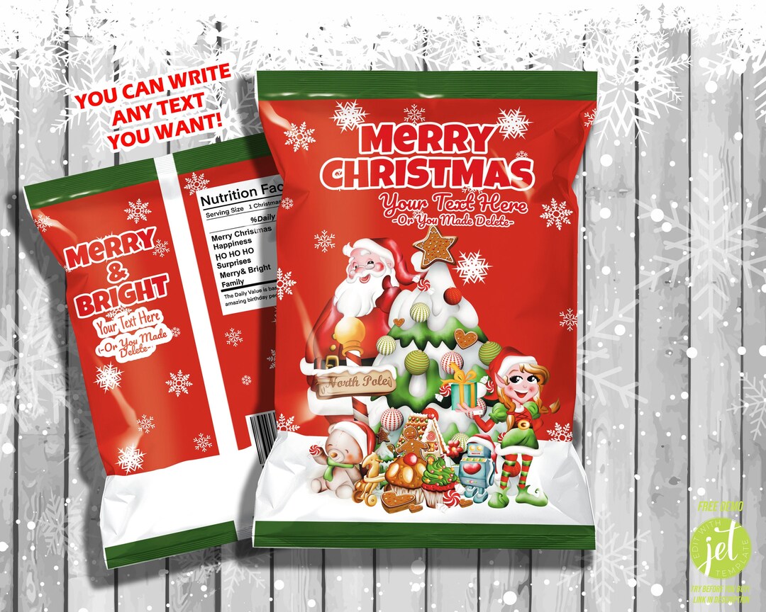 Editable Christmas Favor Bag, XMAS Chip Bag Wrapper, Elfs and Santa ...