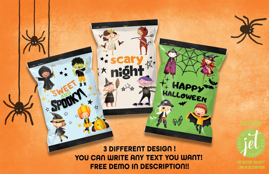 Editable 3 Halloween Candy Bags, Halloween Trick or Treat Bags Chipbags ...