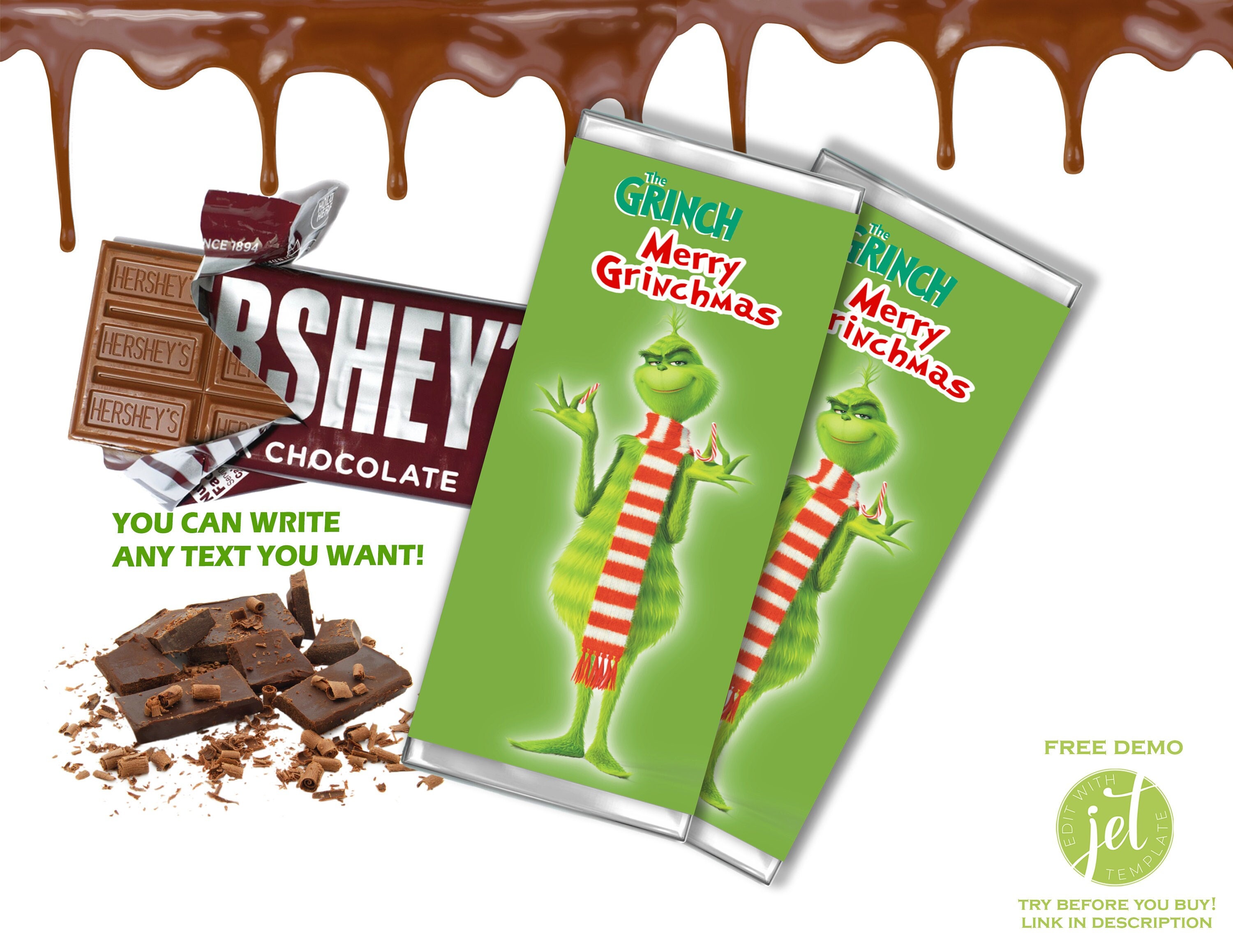 Editable Christmas Grinch Hershey Chocolate Bar Wrapper, XMAS Chocolate ...