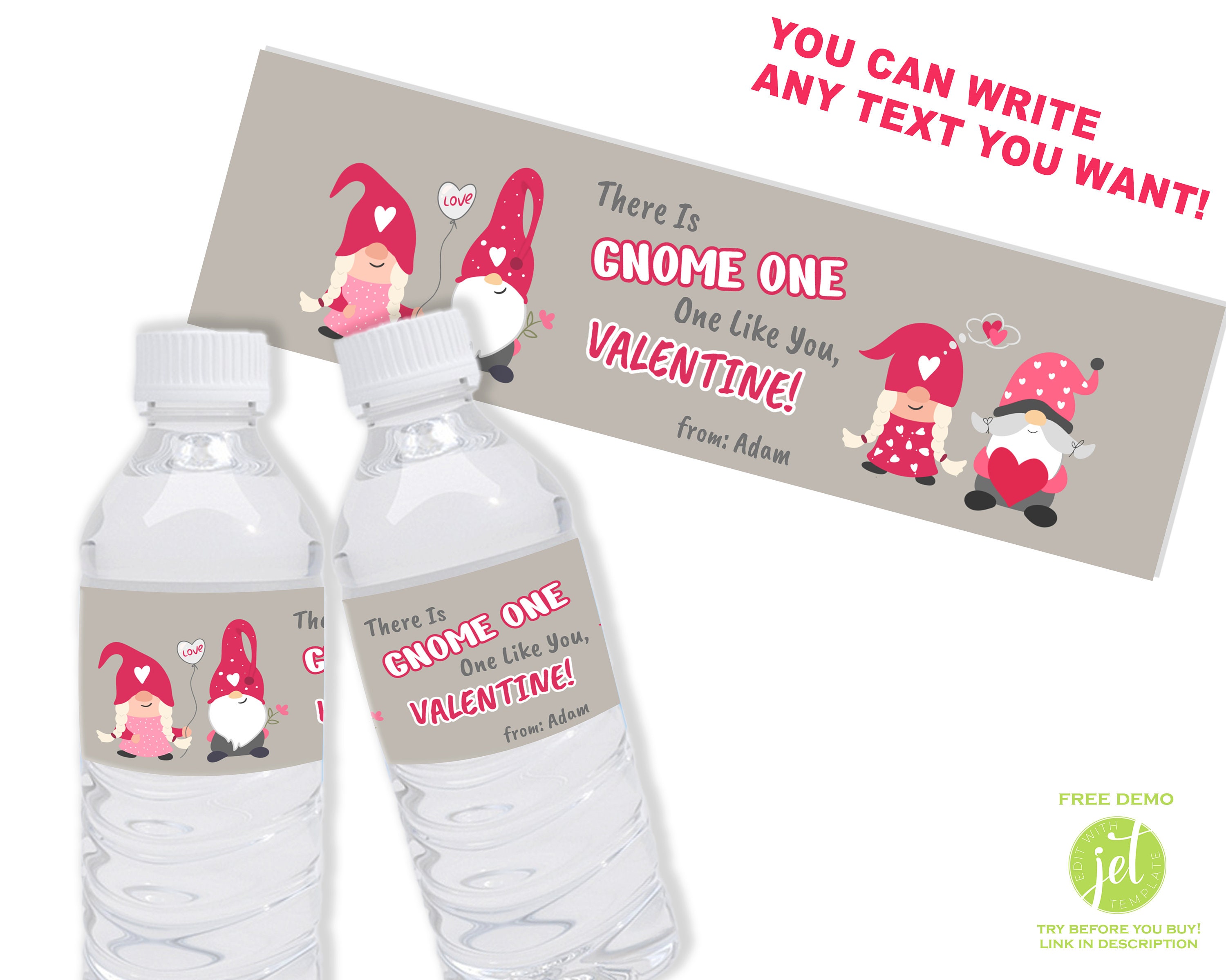 Editable Printable Valentine Gnomes Water Bottle Labels, Sports Drink ...