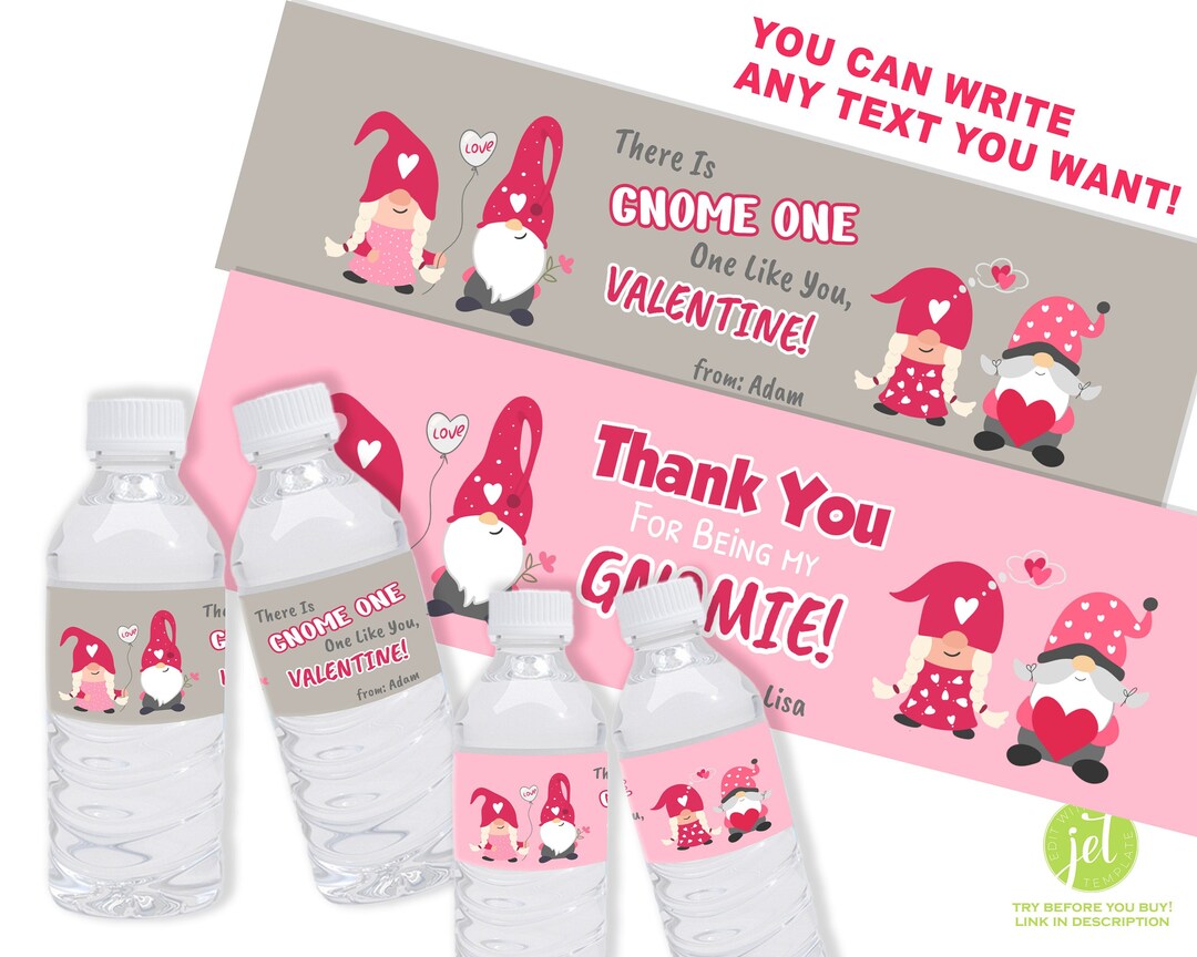Editable Printable Valentine Gnomes Water Bottle Labels, Sports Drink ...