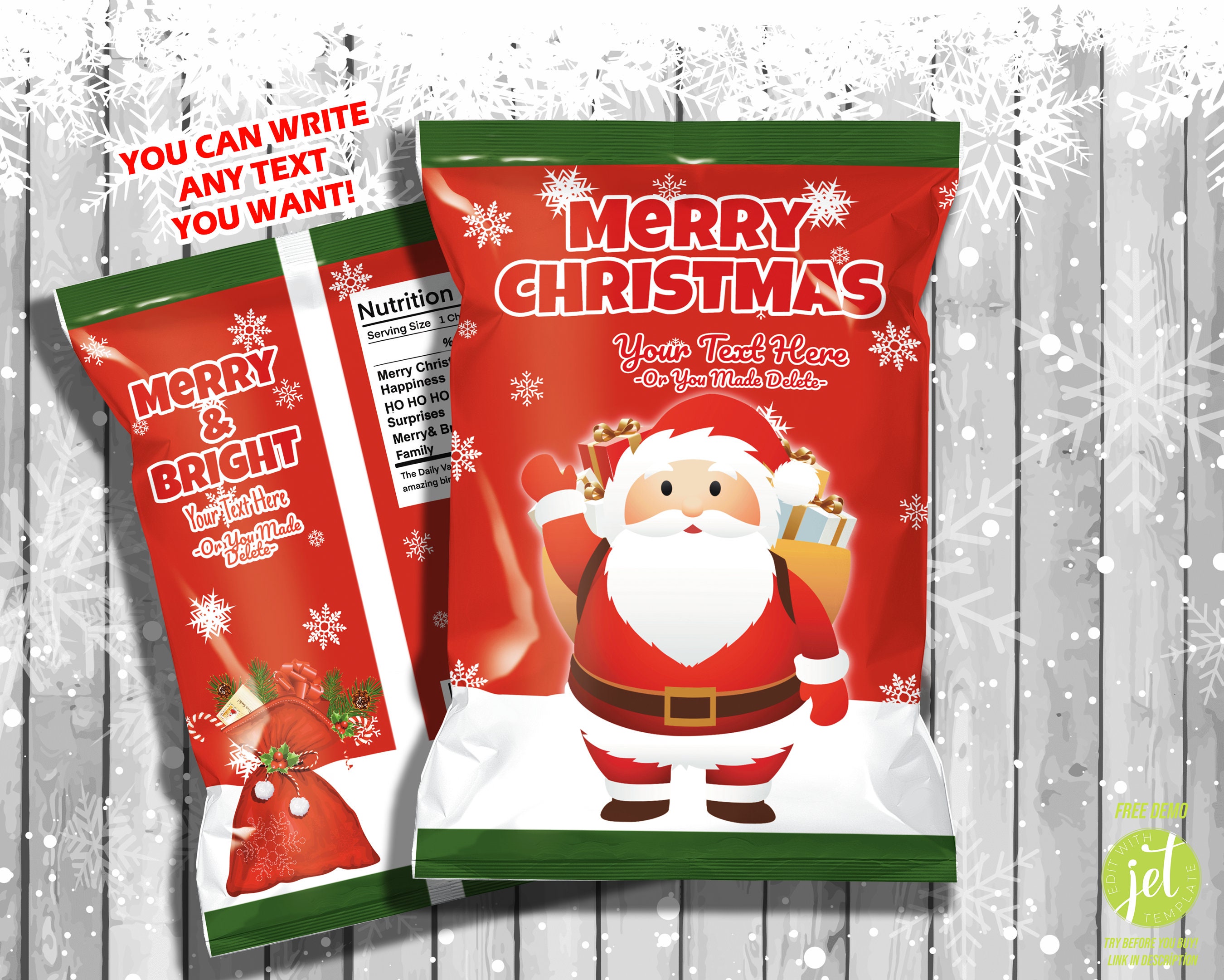 Editable Christmas Favor Bag, XMAS Chip Bag Wrapper, Elfs and Santa ...