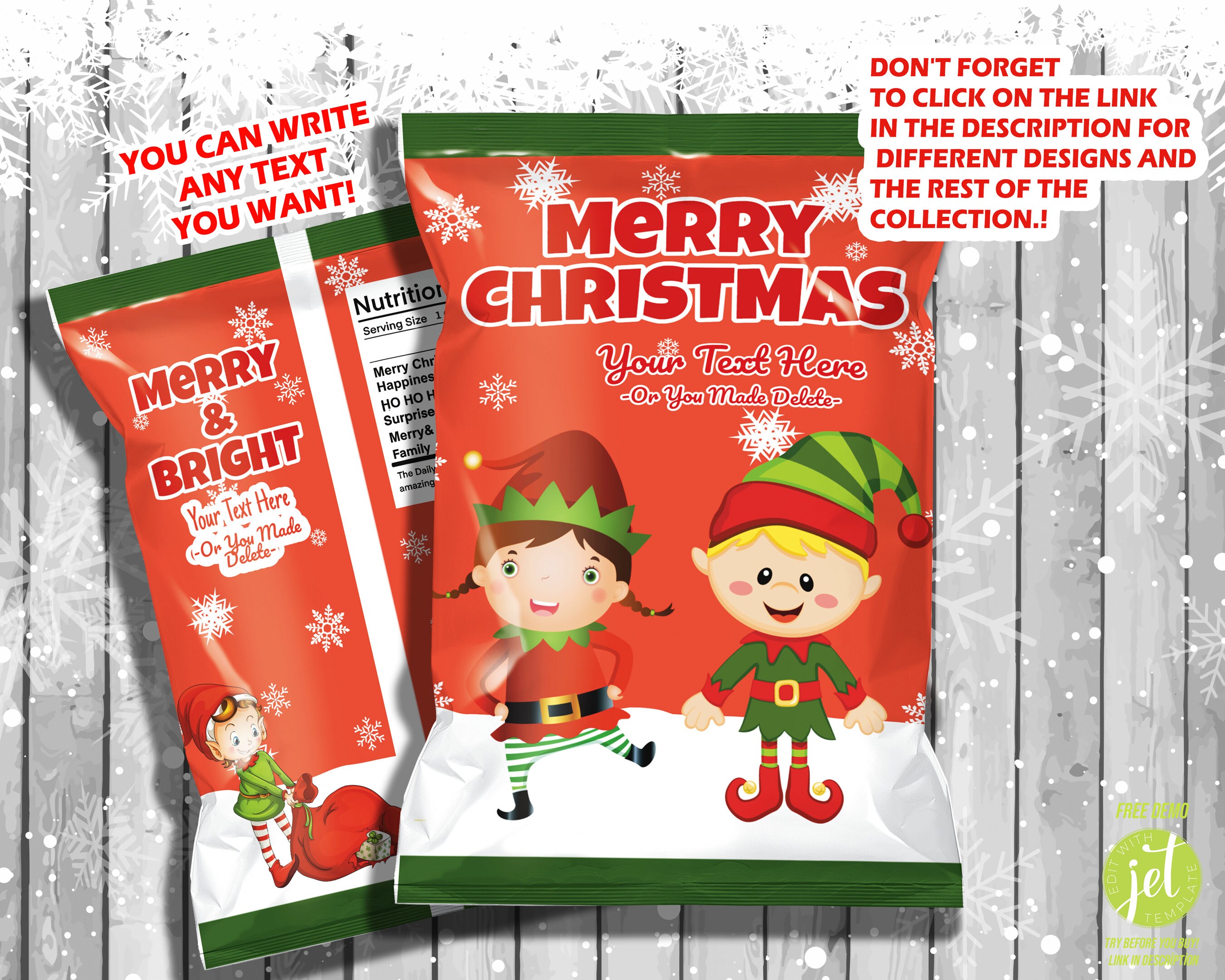 Editable Christmas Favor Bag, XMAS Chip Bag Wrapper, Elfs and Santa ...