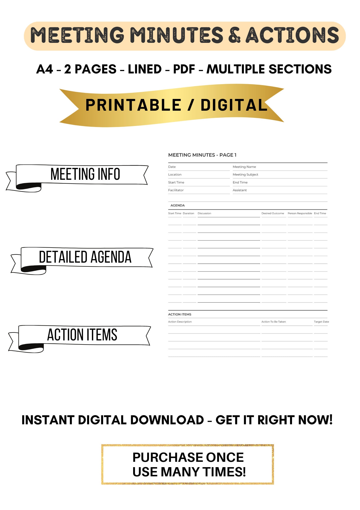 Meeting Minutes Agenda & Actions Tracker Print Use Forever - Etsy