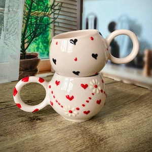 Set of 2 Coffee Cup With Embossed Heart Pattern, Black and Red Heart ...