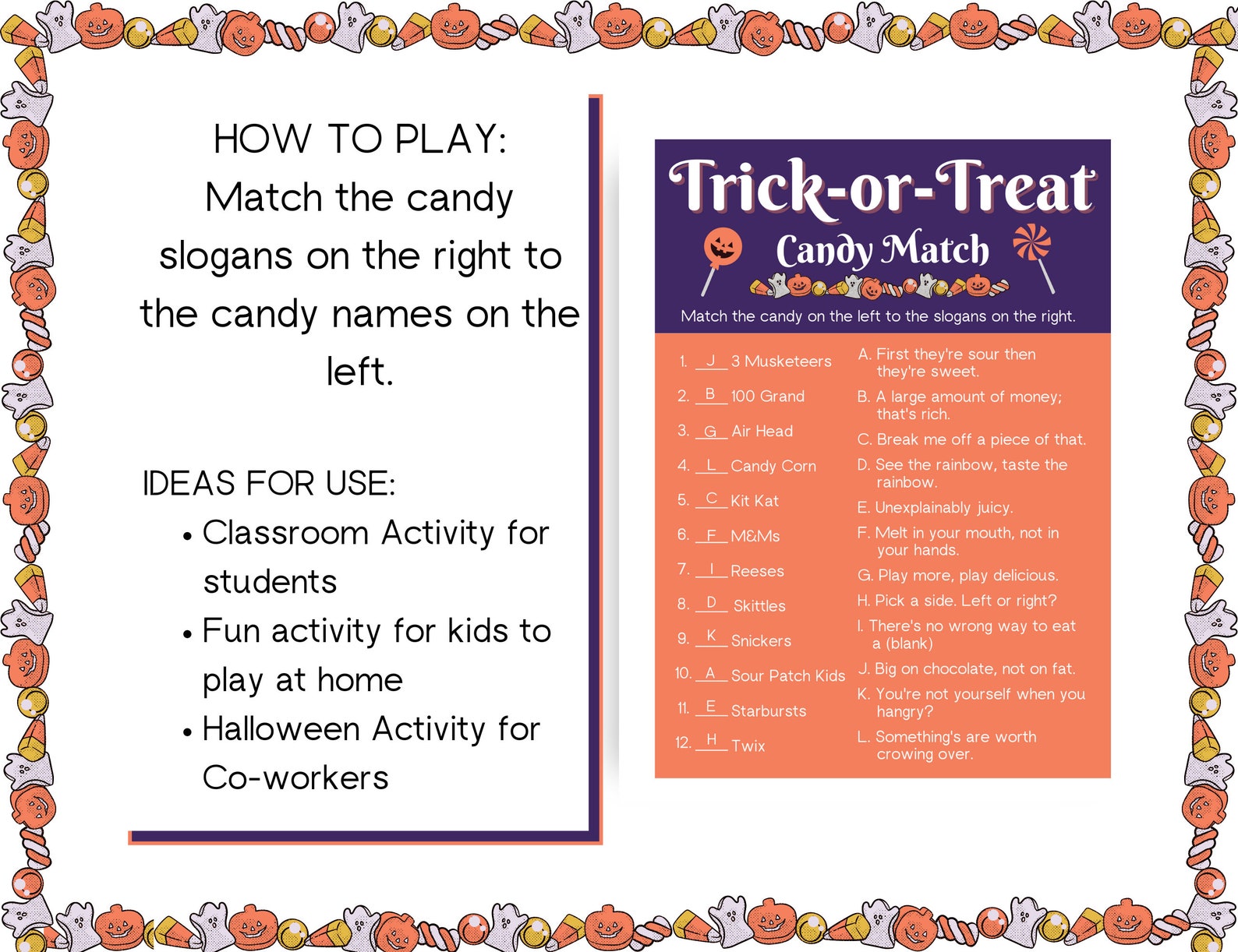 Halloween Candy Match Game Halloween Printable Activity Halloween Game ...