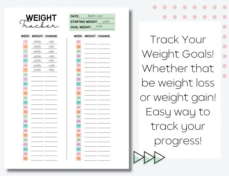 Weight Tracker Printable | Log Template for Weight Goals | Health Planner for Weight Loss or ...