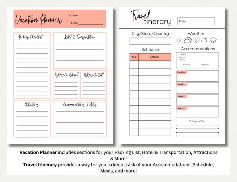 Vacation Planner Printable: Travel Itinerary, Packing Lists (US Letter ...