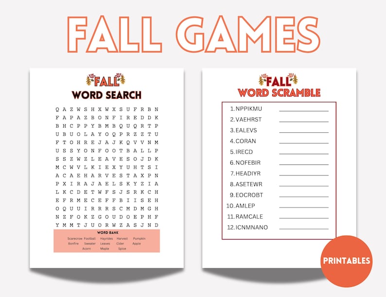 Fall Word Search & Scramble Games: Printable Autumn Activity (PDF) - Etsy