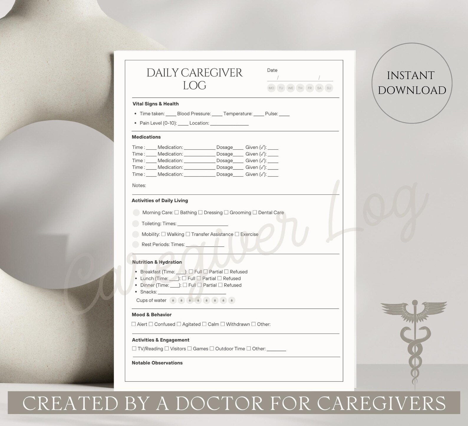 Caregiver Log, Caregiver Checklist, Caregiver Daily Log, Caregiver List ...