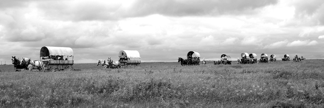 Wagon Train on the Prairie, Black and White Photography of Horse Pulled ...