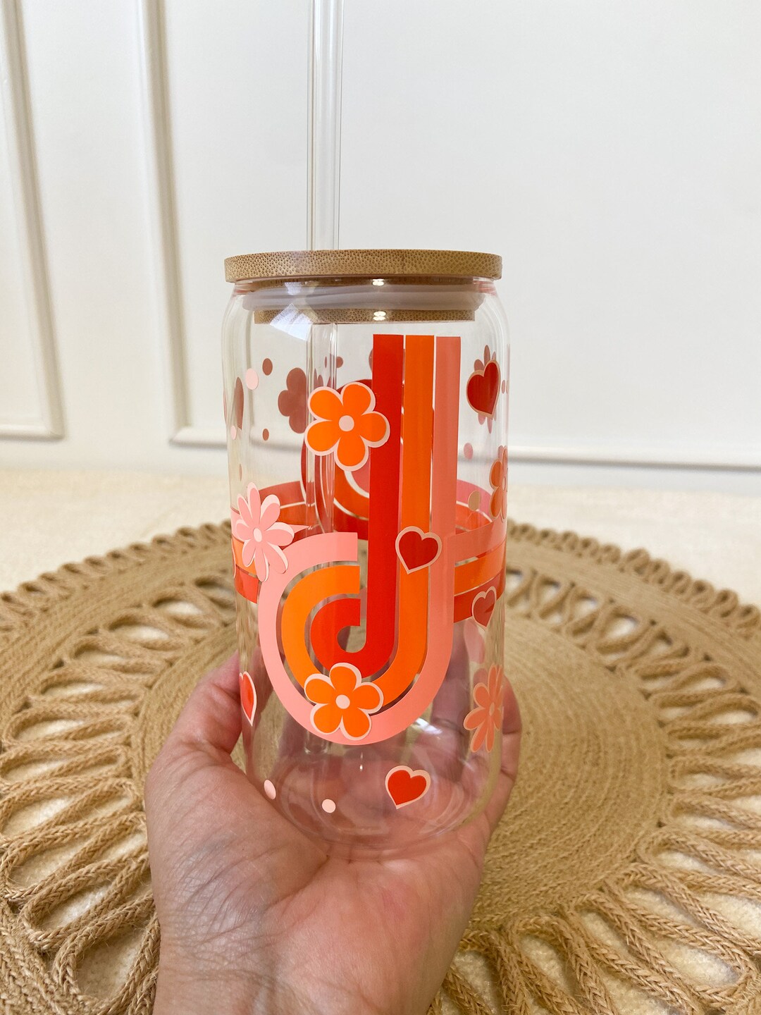 Retro Pattern Can Glass Glass Coffee Cup With Lid And Straw Glass Iced Coffee Cup T For