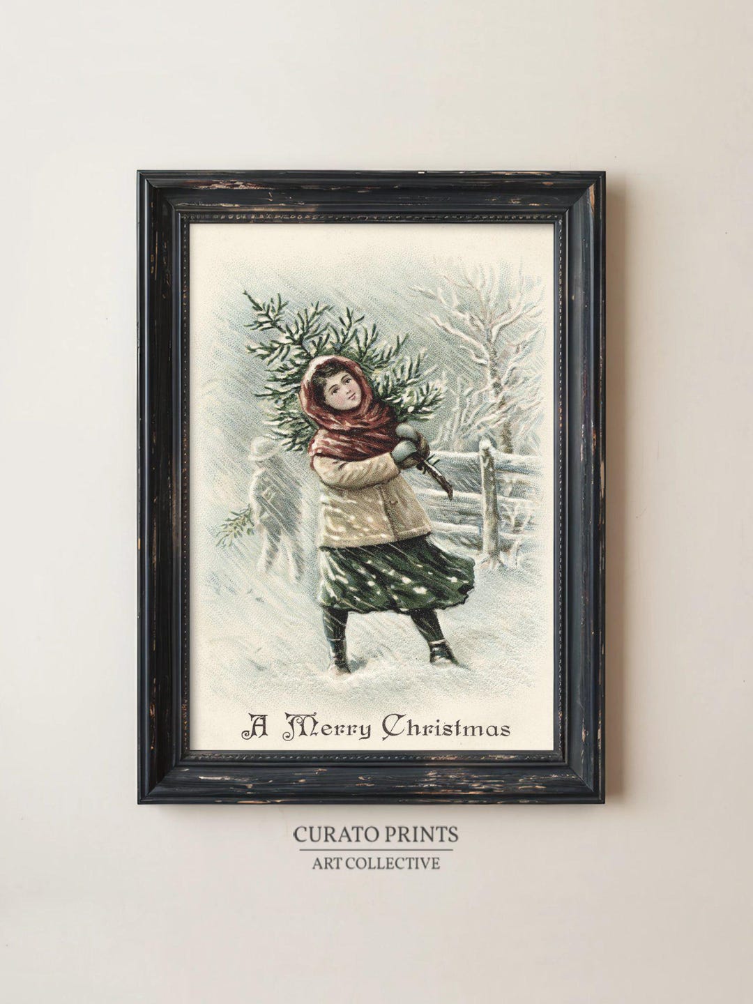 Vintage Christmas Poster, Holiday Decor, Classic Winter Scene, Girl ...