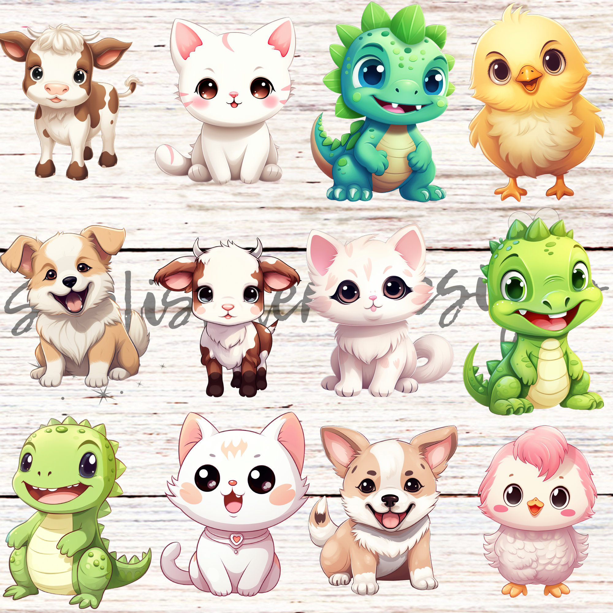 90 Kawaii Animal Clipart PNG Bundle Cute Happy Kawaii Animals Bundle ...