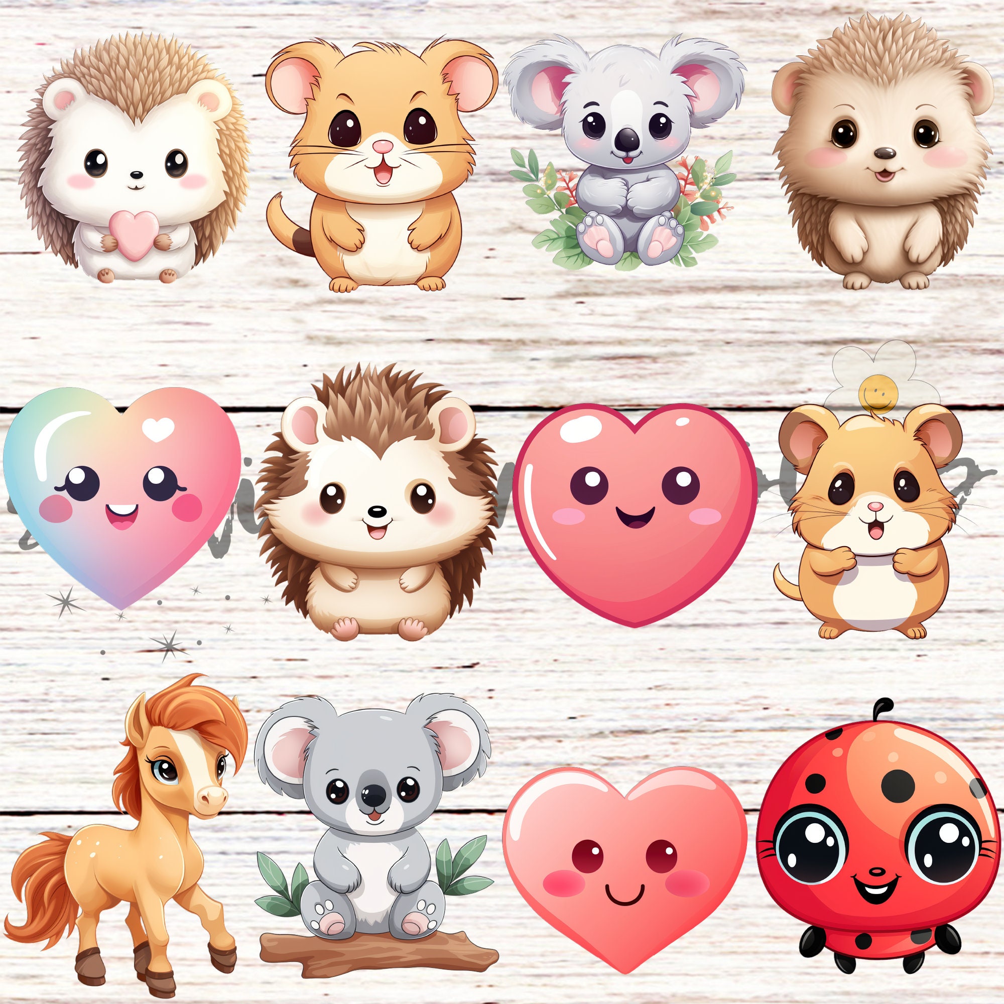 90 Kawaii Animal Clipart PNG Bundle Cute Happy Kawaii Animals Bundle ...