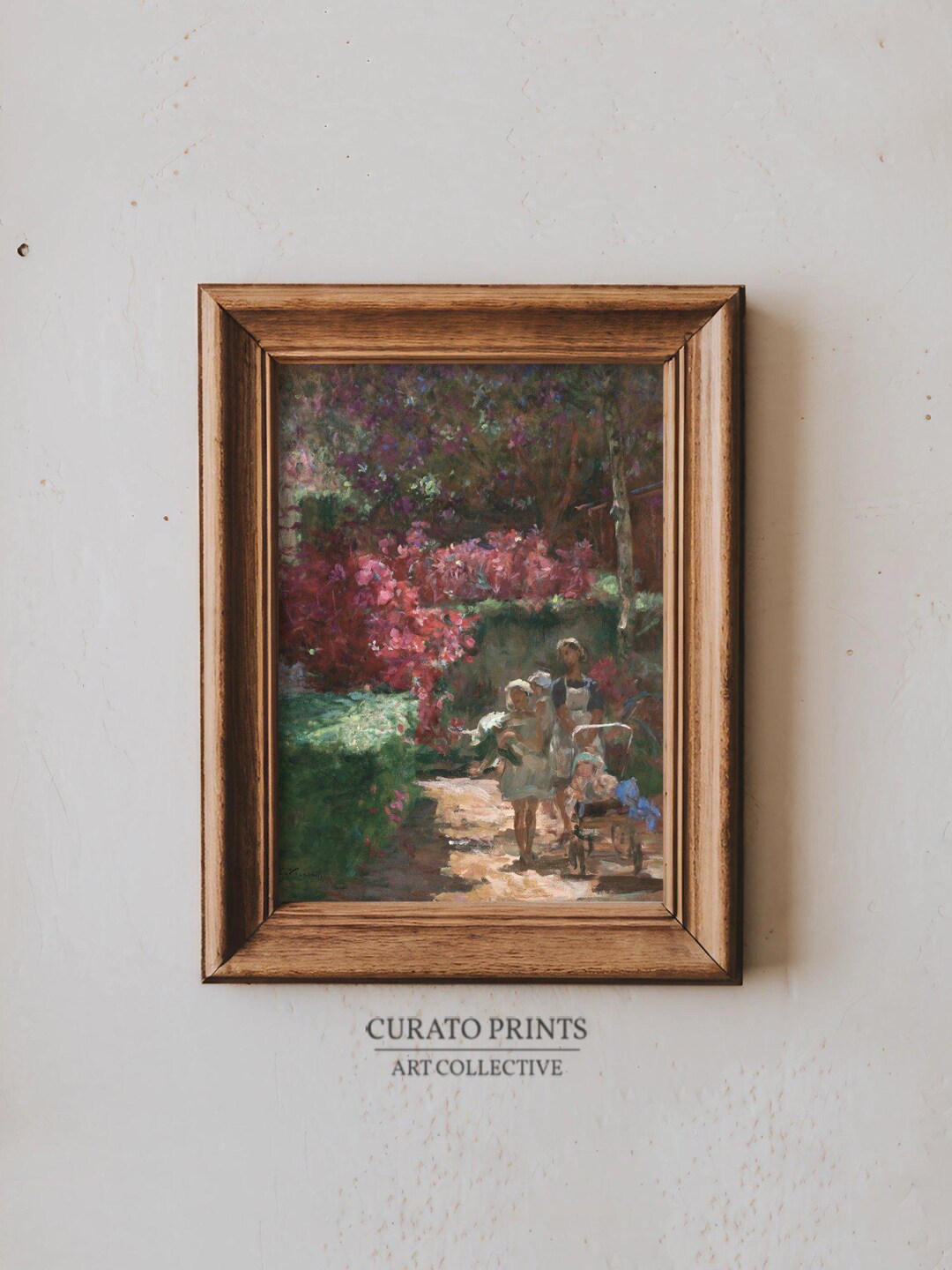 Vintage Garden Scene Wall Art, Mother and Children Stroll Artwork ...