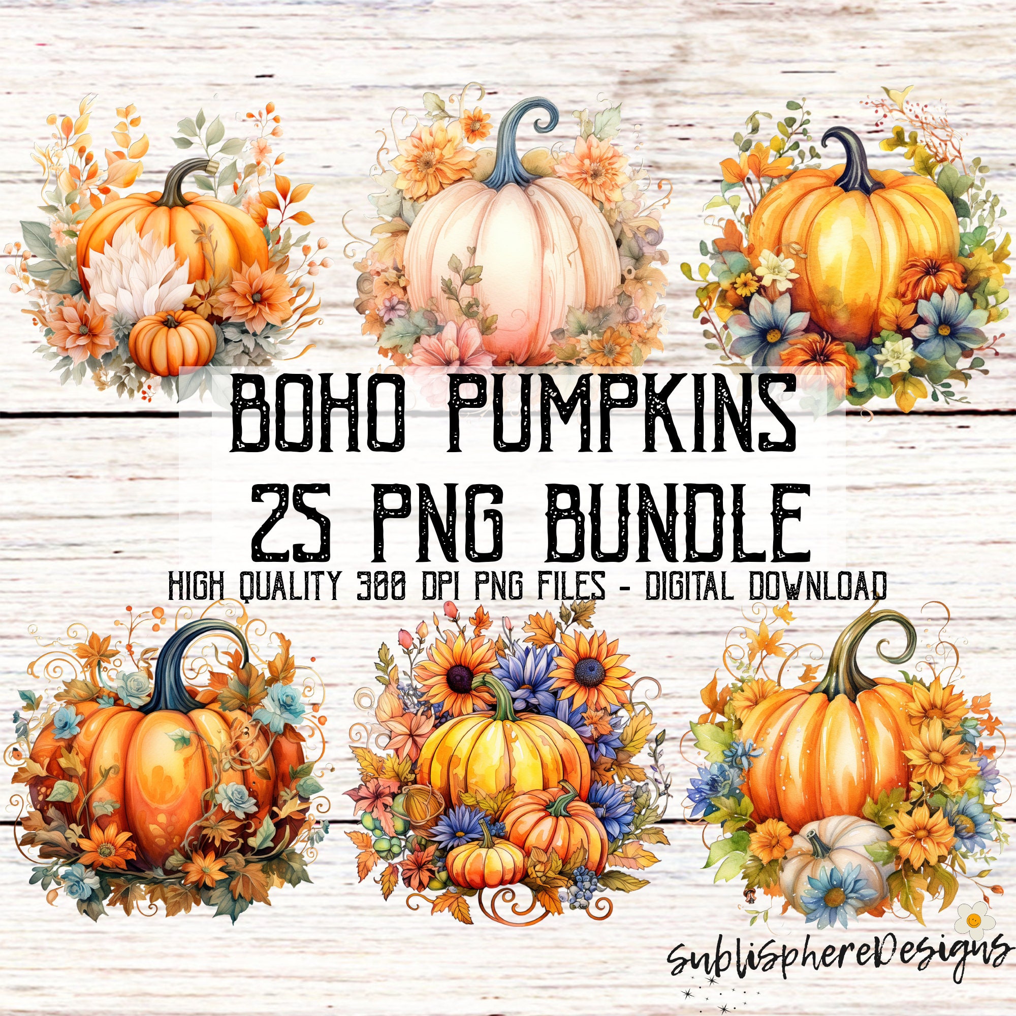 Boho Pumpkin Watercolor Bouquets Clipart, Fall Digital Download ...