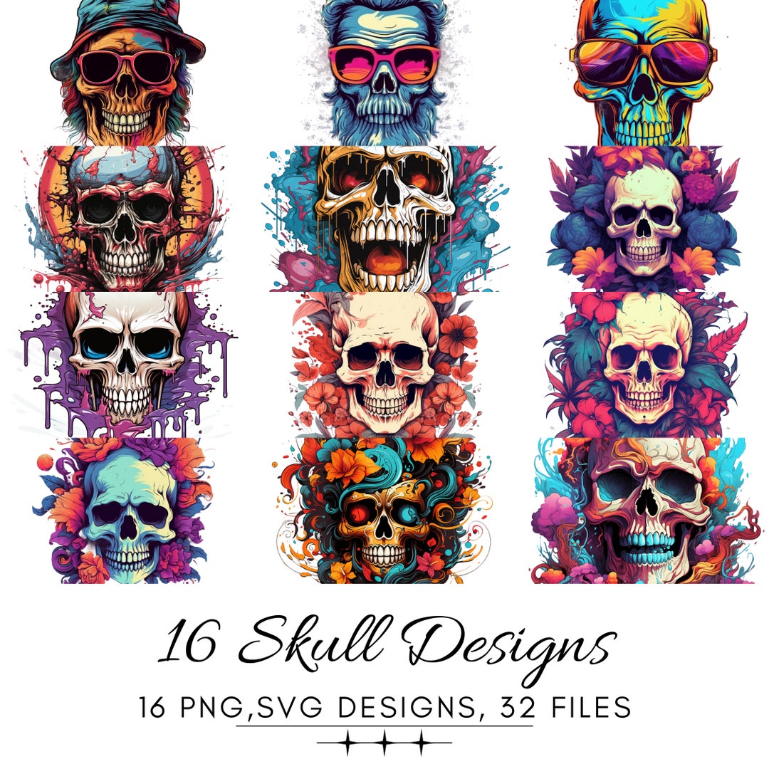 16 SVG Skull Designs Bundle Sublimation T-shirt Design, Skull Graphic ...